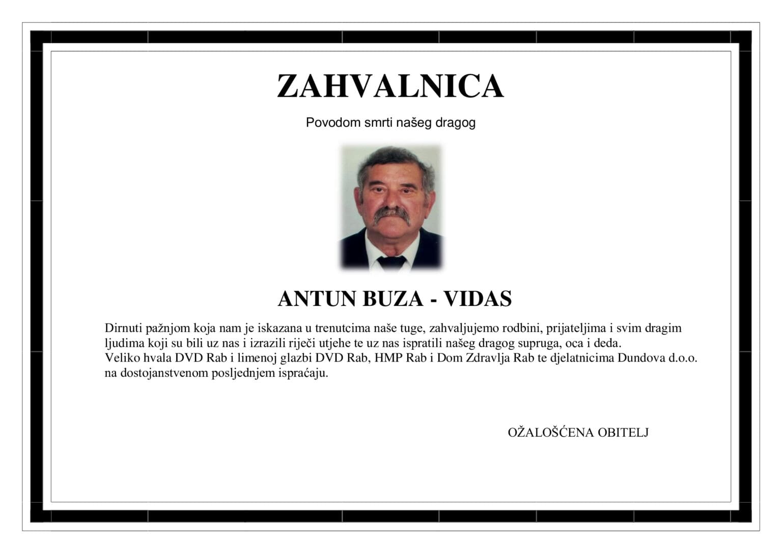 Zahvala – ANTUN BUZA-VIDAS | Rab Danas